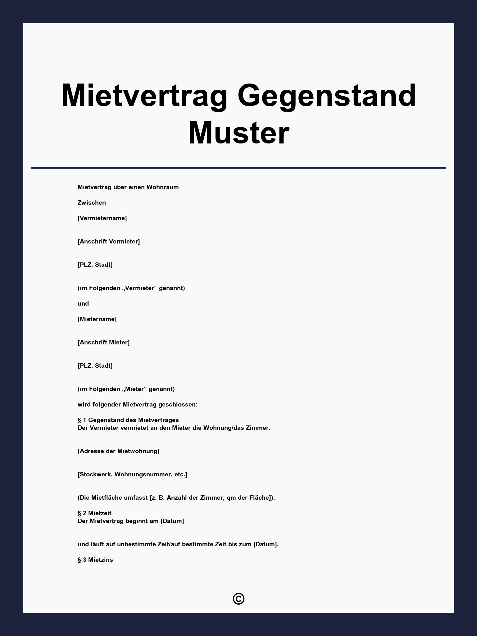 Mietvertrag Gegenstand Muster
