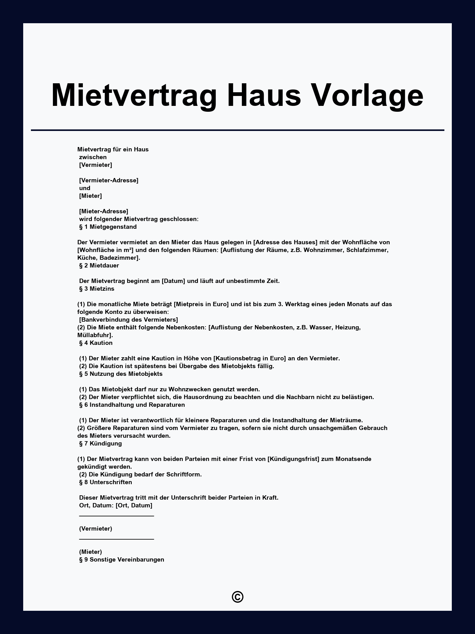 Mietvertrag Haus Vorlage